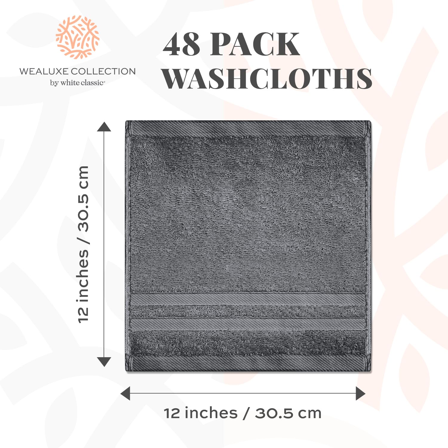 White Classic Wealuxe Grey Washcloths for Body and Face Towel, Cotton Wash Cloths Bulk 48 Pack, Wash Clothes 12x12 Inch, Soft Absorbent Gym Towels