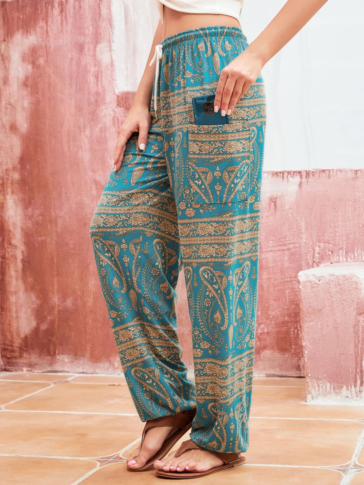 QIANXIZHAN Women's Harem Pants, Hippie Palazzo Pants Boho Joggers Yoga Clothes with Pockets Cyan Flower 2XL