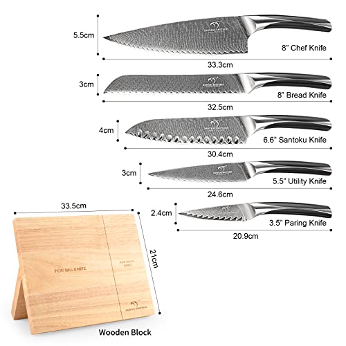 Damascus Kitchen Knife Set, NANFANG BROTHERS 6-Piece Damascus Steel VG10 Kitchen Knife Set with Wood Magnetic Knife Holder Block Professional Chef's Knife with Sharp Blades and ABS Ergonomic Handle