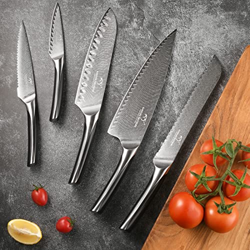 Damascus Kitchen Knife Set, NANFANG BROTHERS 6-Piece Damascus Steel VG10 Kitchen Knife Set with Wood Magnetic Knife Holder Block Professional Chef's Knife with Sharp Blades and ABS Ergonomic Handle