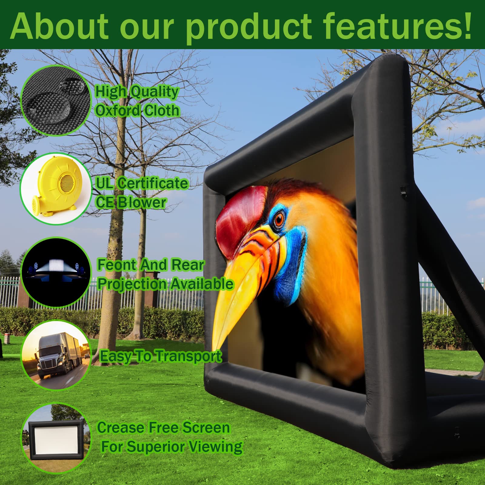 staelea 21ft Inflatable Projector Movie Screen for Outside and Indoor Theater Projector Screen,Supports Front and Rear Projection,Includes a Powerful Fan, Strapping, Repair Kit and Storage Bag
