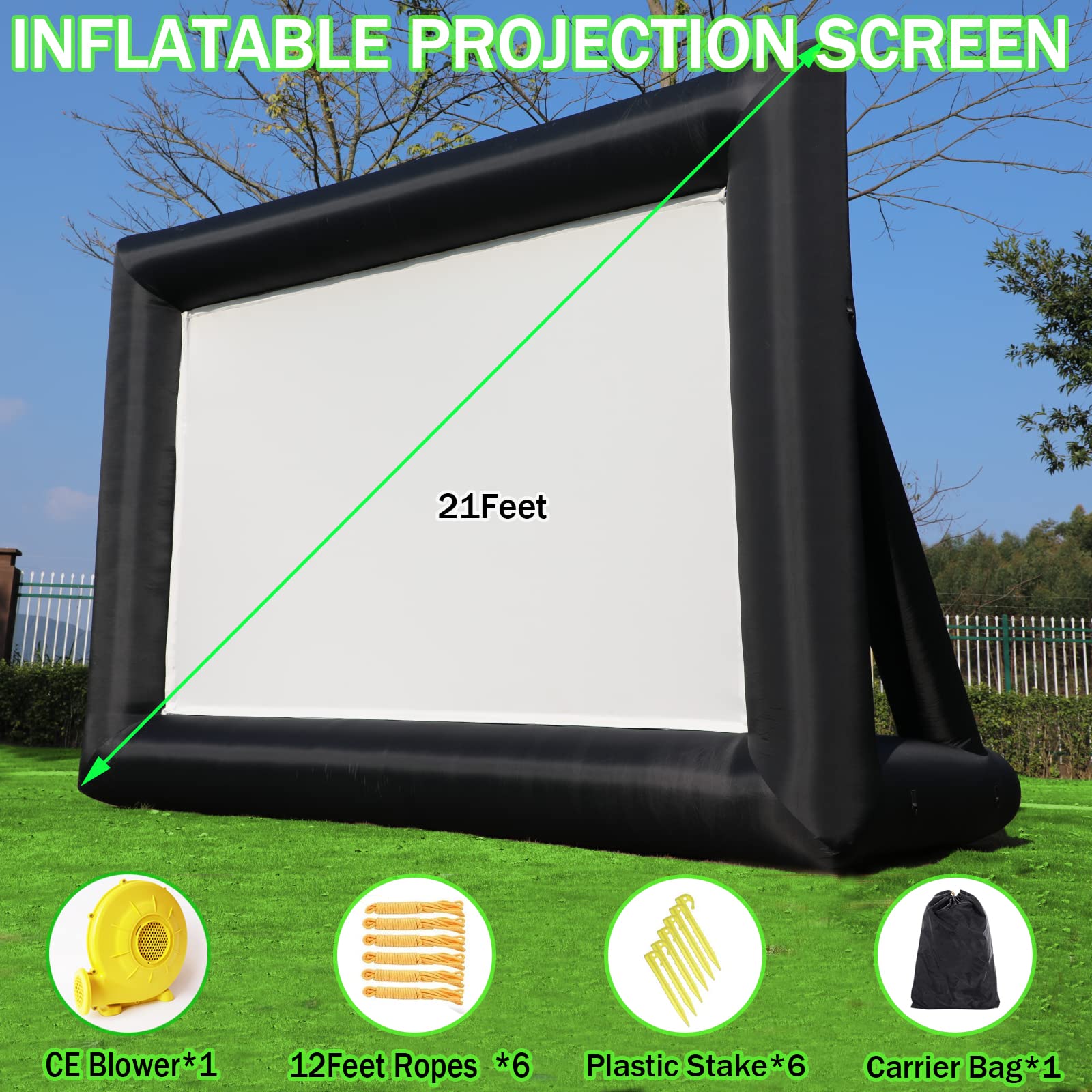 staelea 21ft Inflatable Projector Movie Screen for Outside and Indoor Theater Projector Screen,Supports Front and Rear Projection,Includes a Powerful Fan, Strapping, Repair Kit and Storage Bag