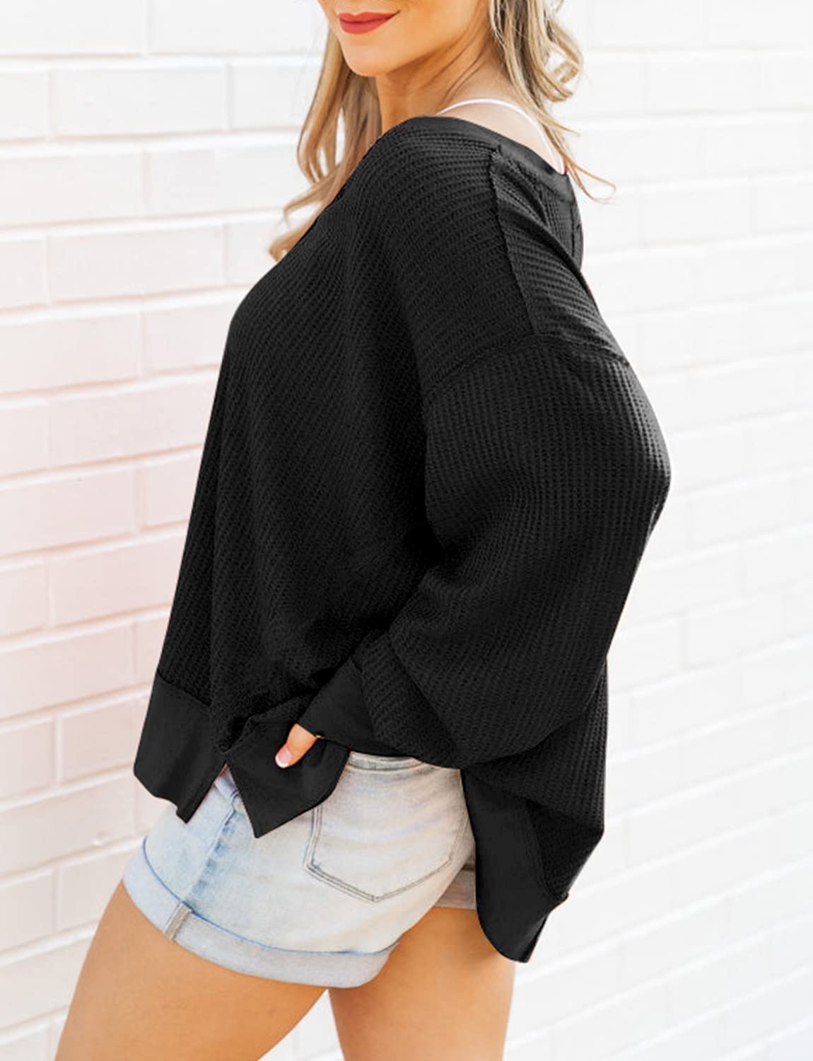 ASTANFY Womens Long Sleeve Sweatshirts Waffle Knit Shirts V Neck Solid Color Pullover Casual Loose Fit Tunic Tops