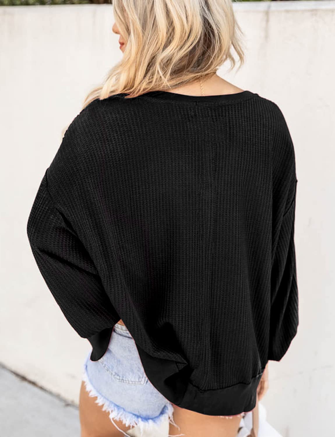 ASTANFY Womens Long Sleeve Sweatshirts Waffle Knit Shirts V Neck Solid Color Pullover Casual Loose Fit Tunic Tops