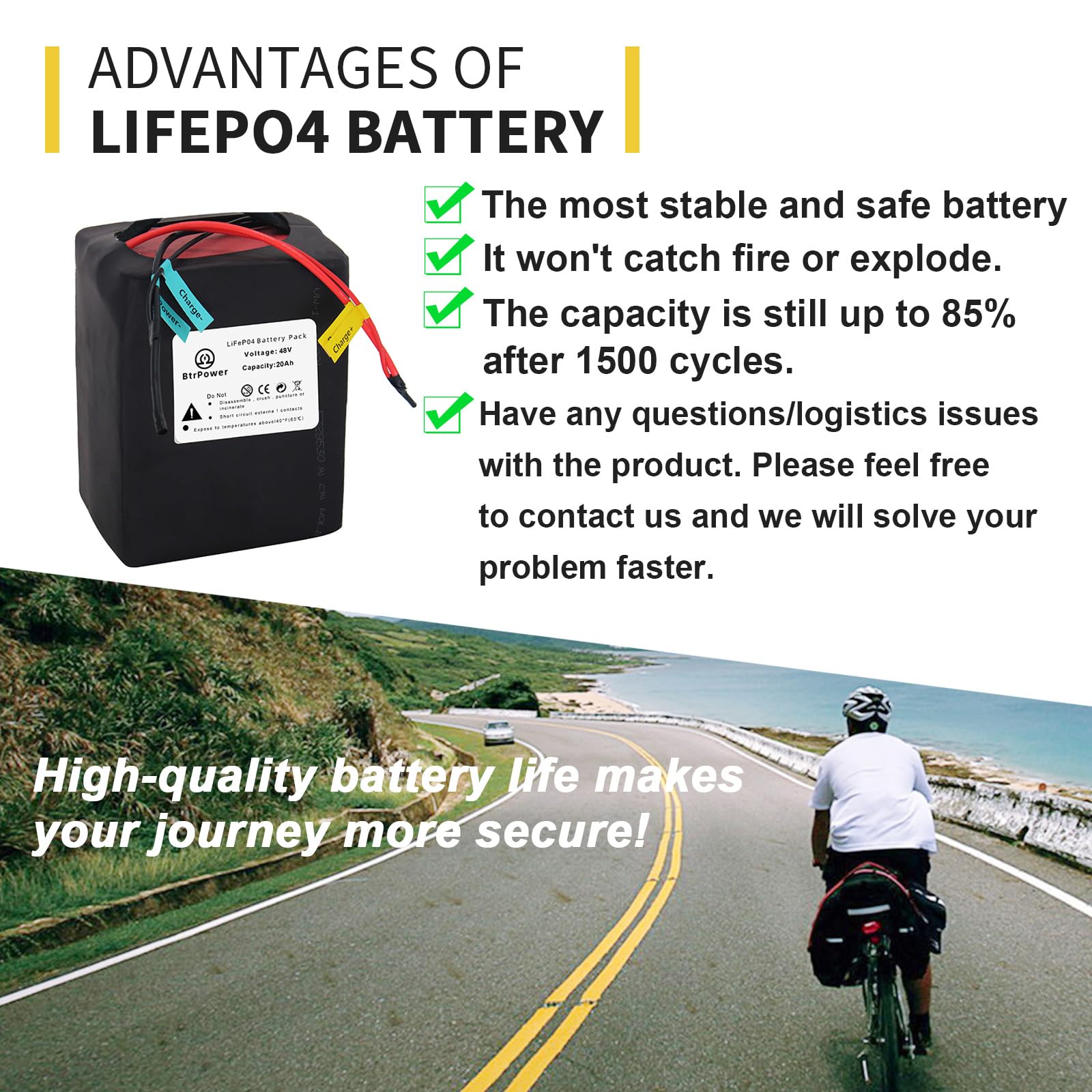 BtrPower 48V LiFePO4 Ebike Battery 20AH Lithium Battery Pack for 1500W-350W Motor, Built-in 40A BMS and 3A Fast Charger