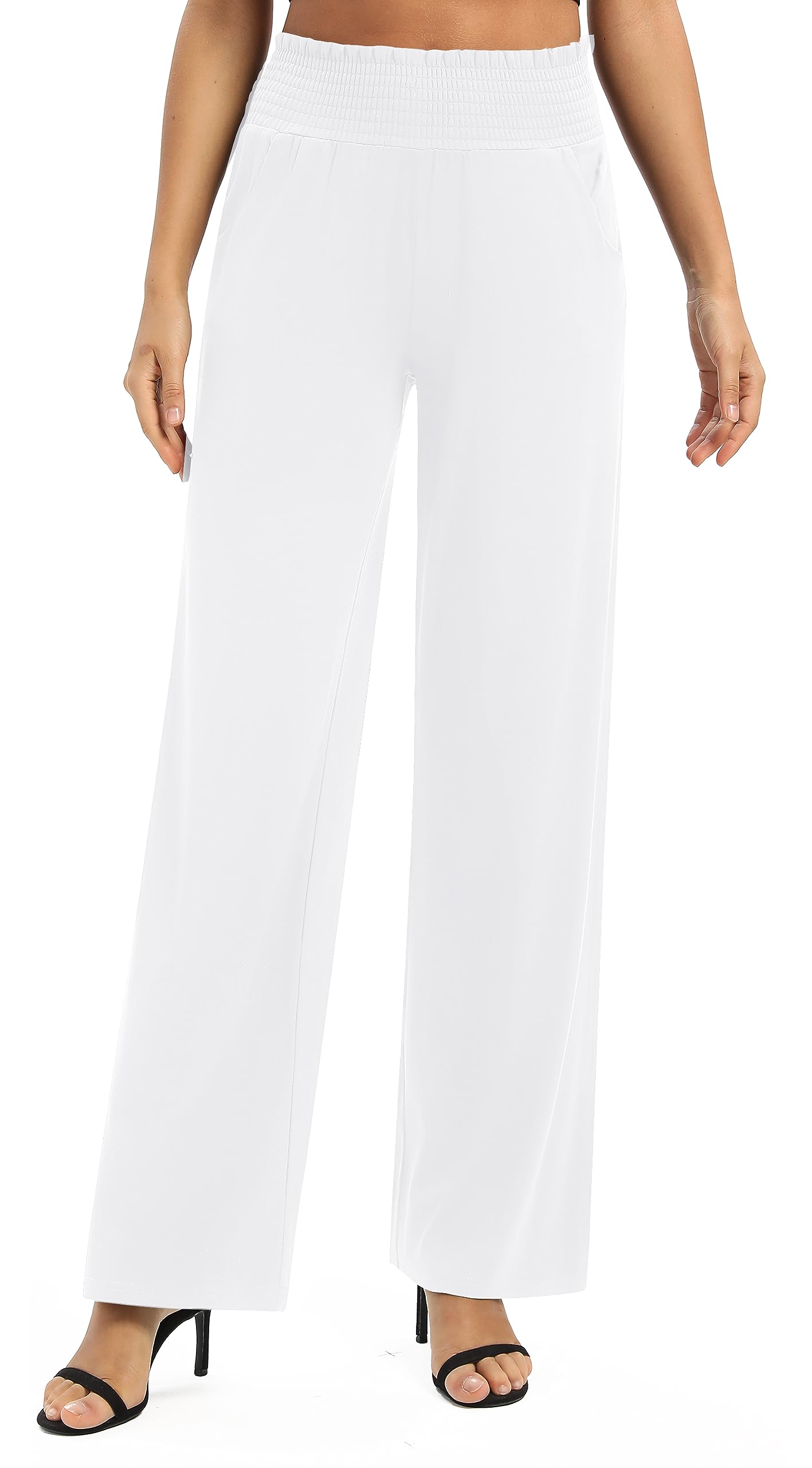 Urban CoCo Women's Solid Wide Leg Palazzo Lounge Pants Casual Straight Leg High Waist Stretch Pants (White, XL)