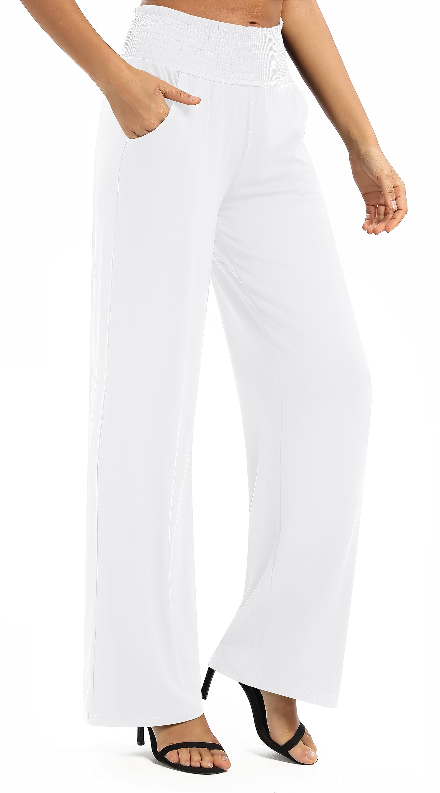 Urban CoCo Women's Solid Wide Leg Palazzo Lounge Pants Casual Straight Leg High Waist Stretch Pants (White, XL)