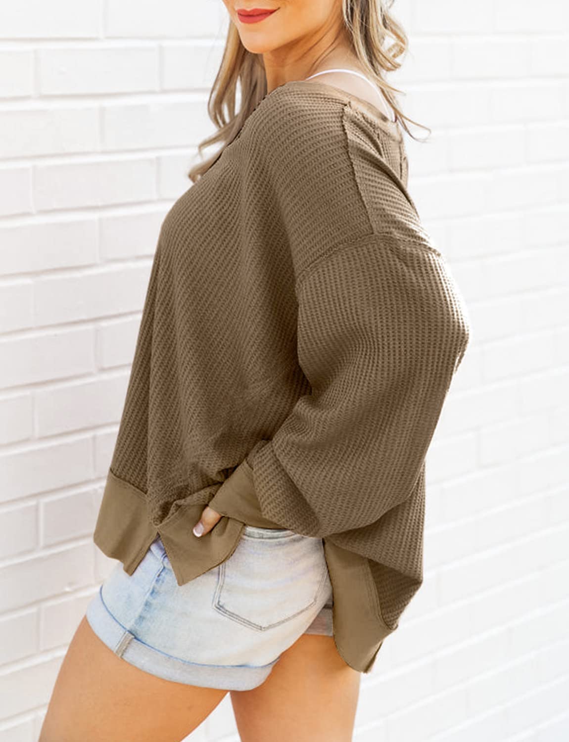 ASTANFY Womens Long Sleeve Sweatshirts Waffle Knit Shirts V Neck Solid Color Pullover Casual Loose Fit Tunic Tops