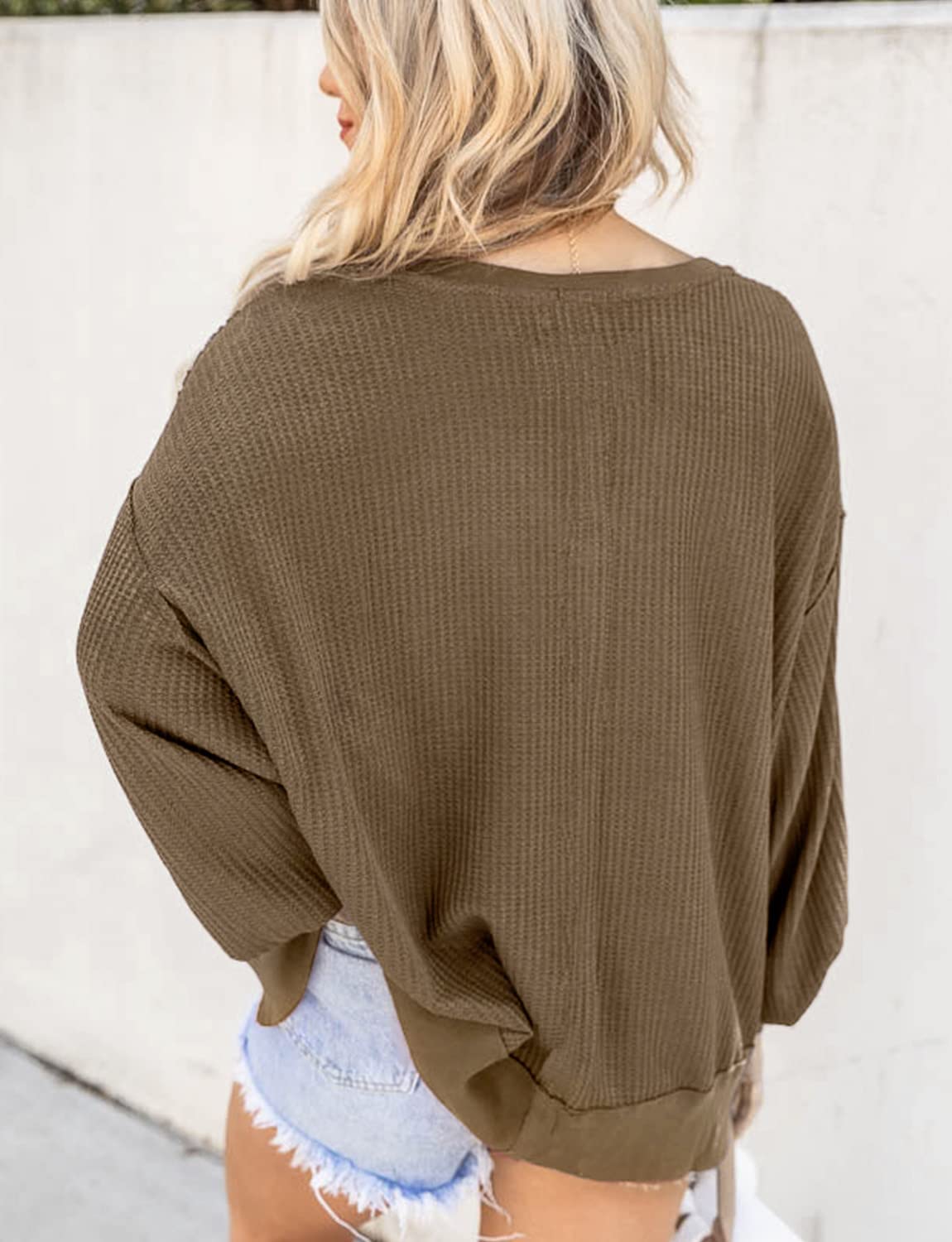 ASTANFY Womens Long Sleeve Sweatshirts Waffle Knit Shirts V Neck Solid Color Pullover Casual Loose Fit Tunic Tops