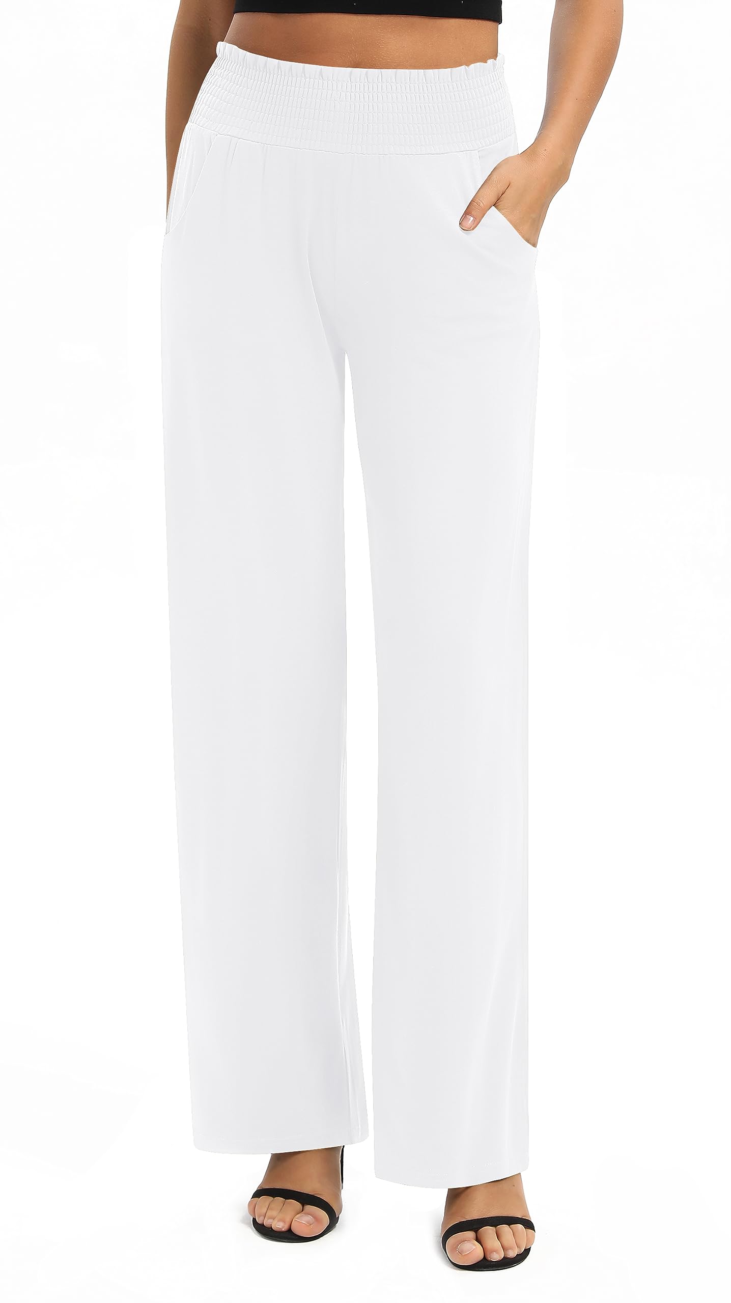 Urban CoCo Women's Solid Wide Leg Palazzo Lounge Pants Casual Straight Leg High Waist Stretch Pants (White, XL)