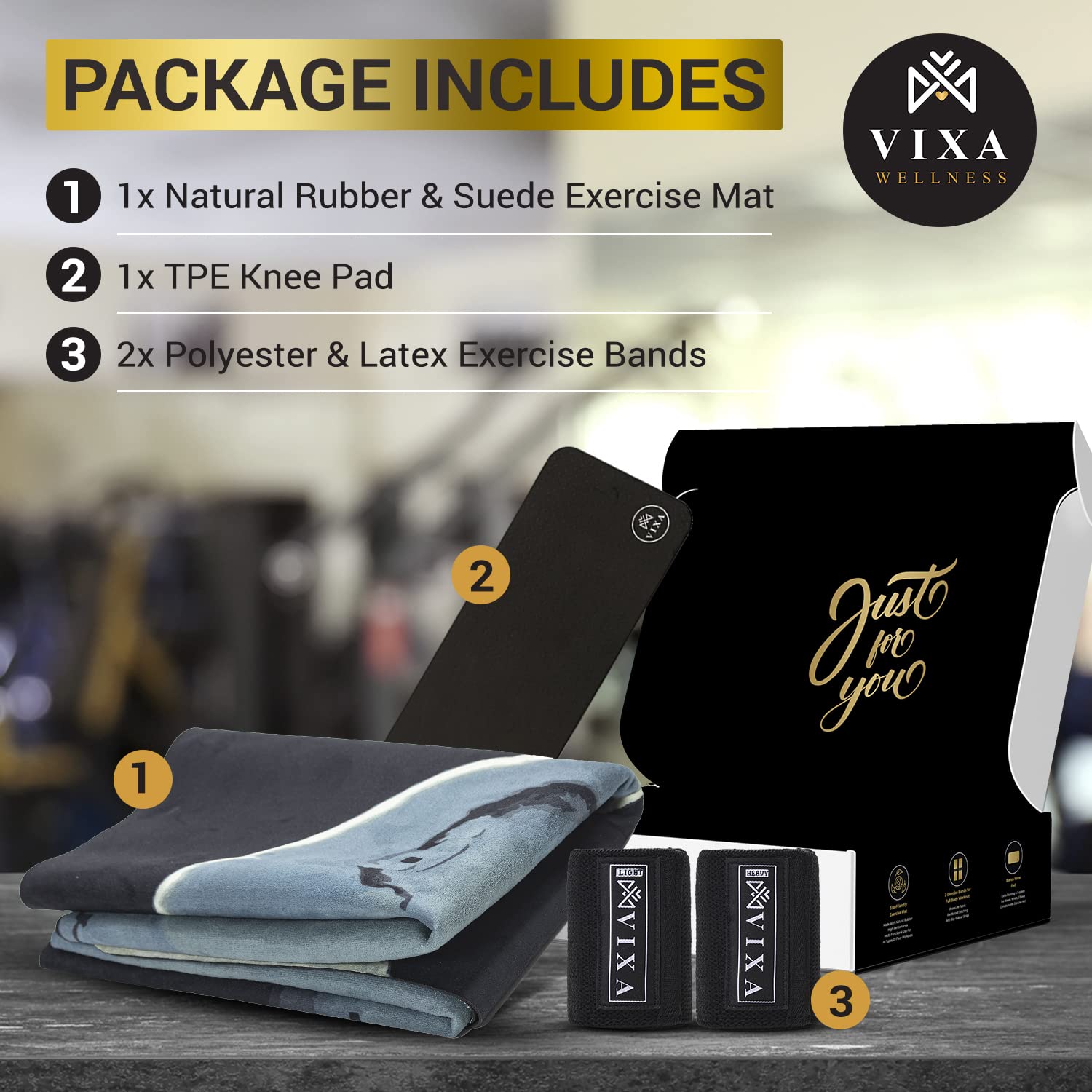 Vixa Yoga Mat Set with Booty Bands, Perfect Hot Yoga Mat with Super-Grip Rubber Base and Extra-Absorbent Suede Material, 1.5mm Foldable Yoga Mat for Travel, with Added Knee Mat for Extra Support