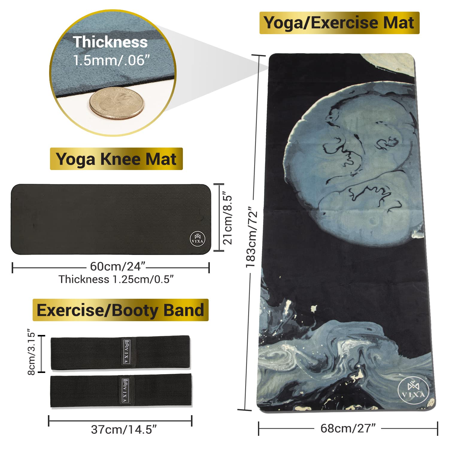 Vixa Yoga Mat Set with Booty Bands, Perfect Hot Yoga Mat with Super-Grip Rubber Base and Extra-Absorbent Suede Material, 1.5mm Foldable Yoga Mat for Travel, with Added Knee Mat for Extra Support