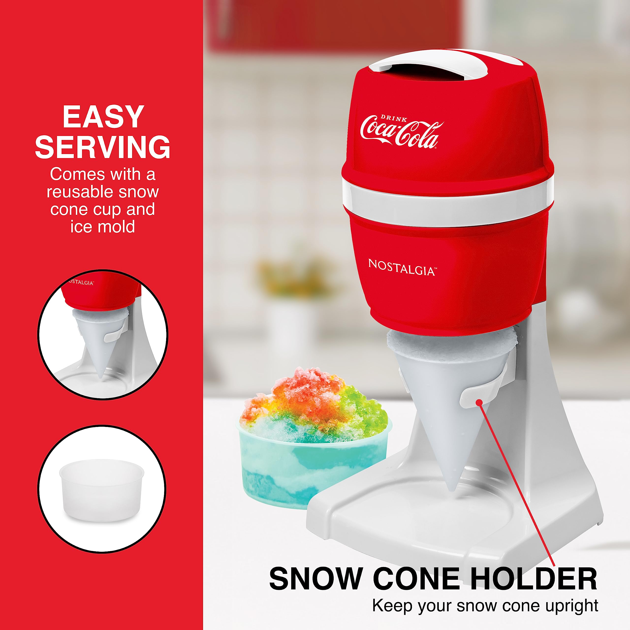 Nostalgia Coca-Cola Snow Cone Shaved Ice Machine - Retro Table-Top Slushie Machine - Includes 1 Reusable Plastic Cup and Ice Mold, Coke Red