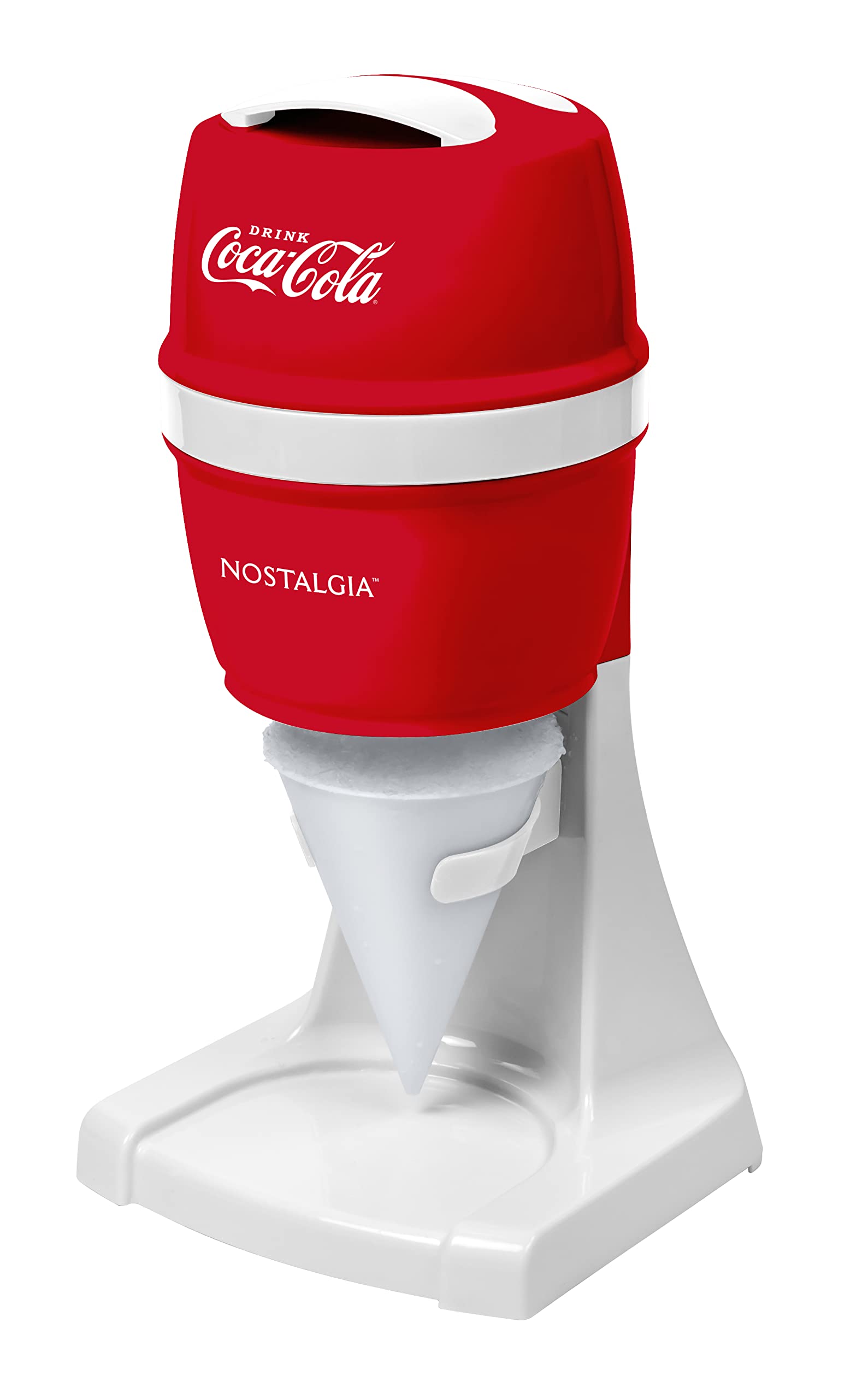 Nostalgia Coca-Cola Snow Cone Shaved Ice Machine - Retro Table-Top Slushie Machine - Includes 1 Reusable Plastic Cup and Ice Mold, Coke Red