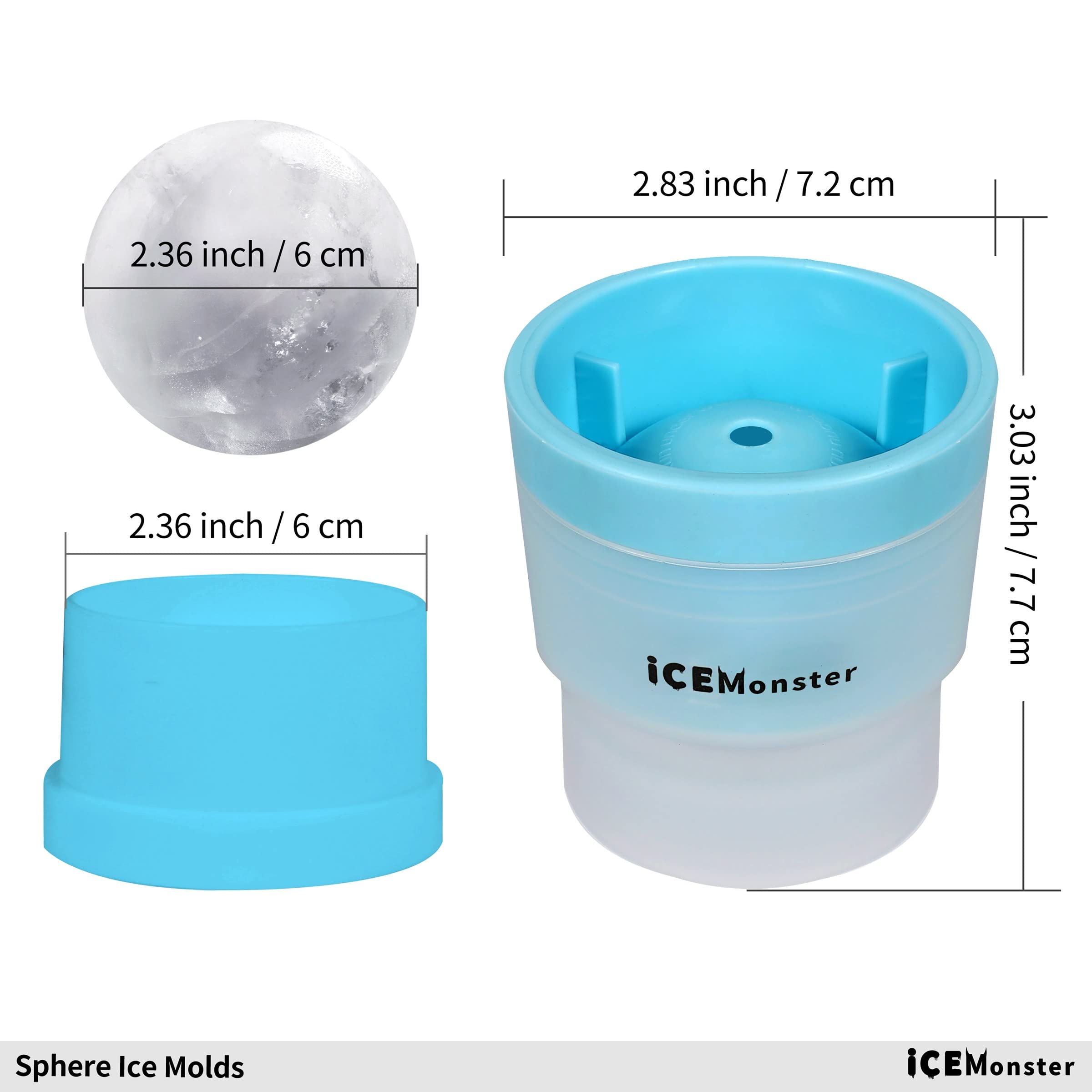 Ice Monster Whiskey Sphere Ice Mold - Ball, Cube Molds for Bourbon; Makes Thick Ice Cubes, Stackable, Easy Release Silicone - Pack of 4