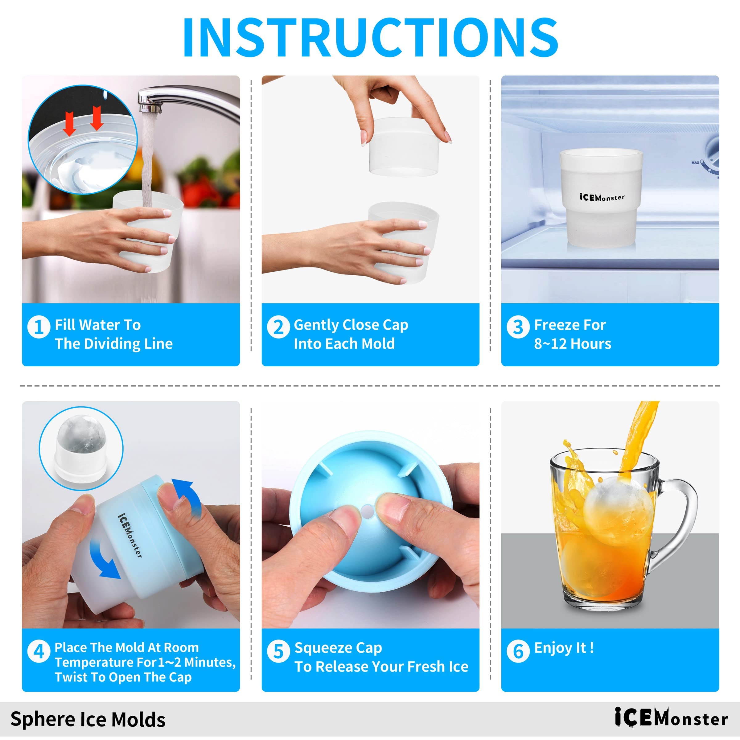 Ice Monster Whiskey Sphere Ice Mold - Ball, Cube Molds for Bourbon; Makes Thick Ice Cubes, Stackable, Easy Release Silicone - Pack of 4