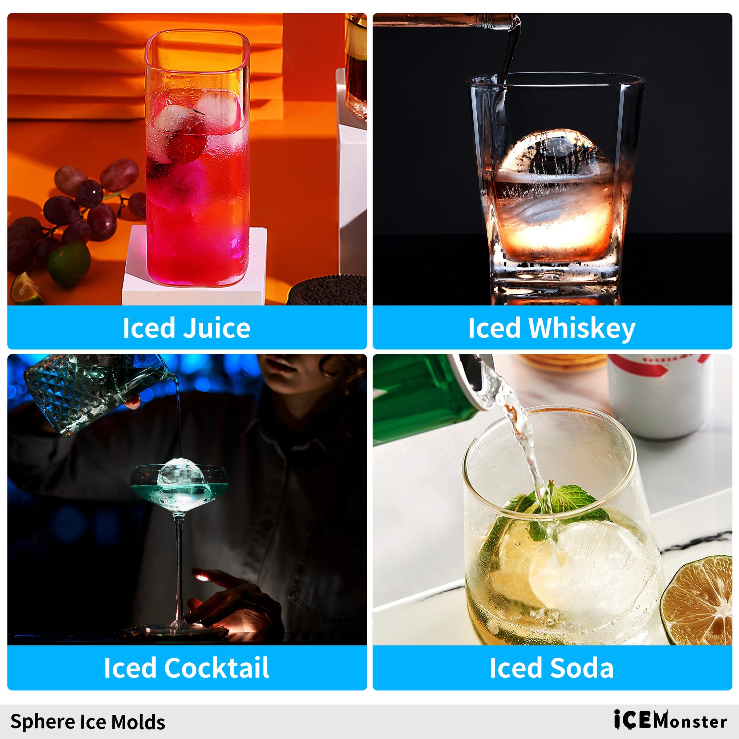 Ice Monster Whiskey Sphere Ice Mold - Ball, Cube Molds for Bourbon; Makes Thick Ice Cubes, Stackable, Easy Release Silicone - Pack of 4