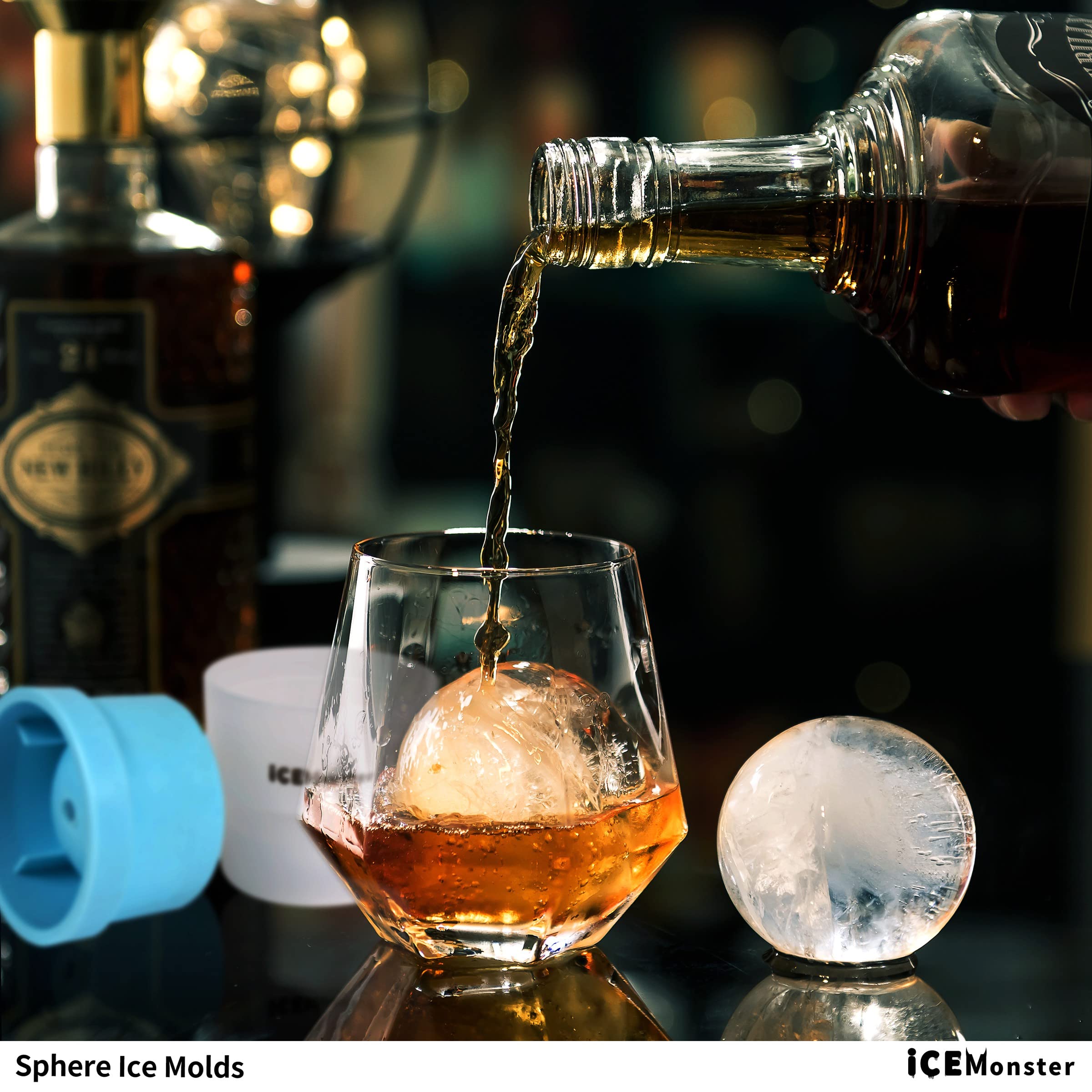 Ice Monster Whiskey Sphere Ice Mold - Ball, Cube Molds for Bourbon; Makes Thick Ice Cubes, Stackable, Easy Release Silicone - Pack of 4