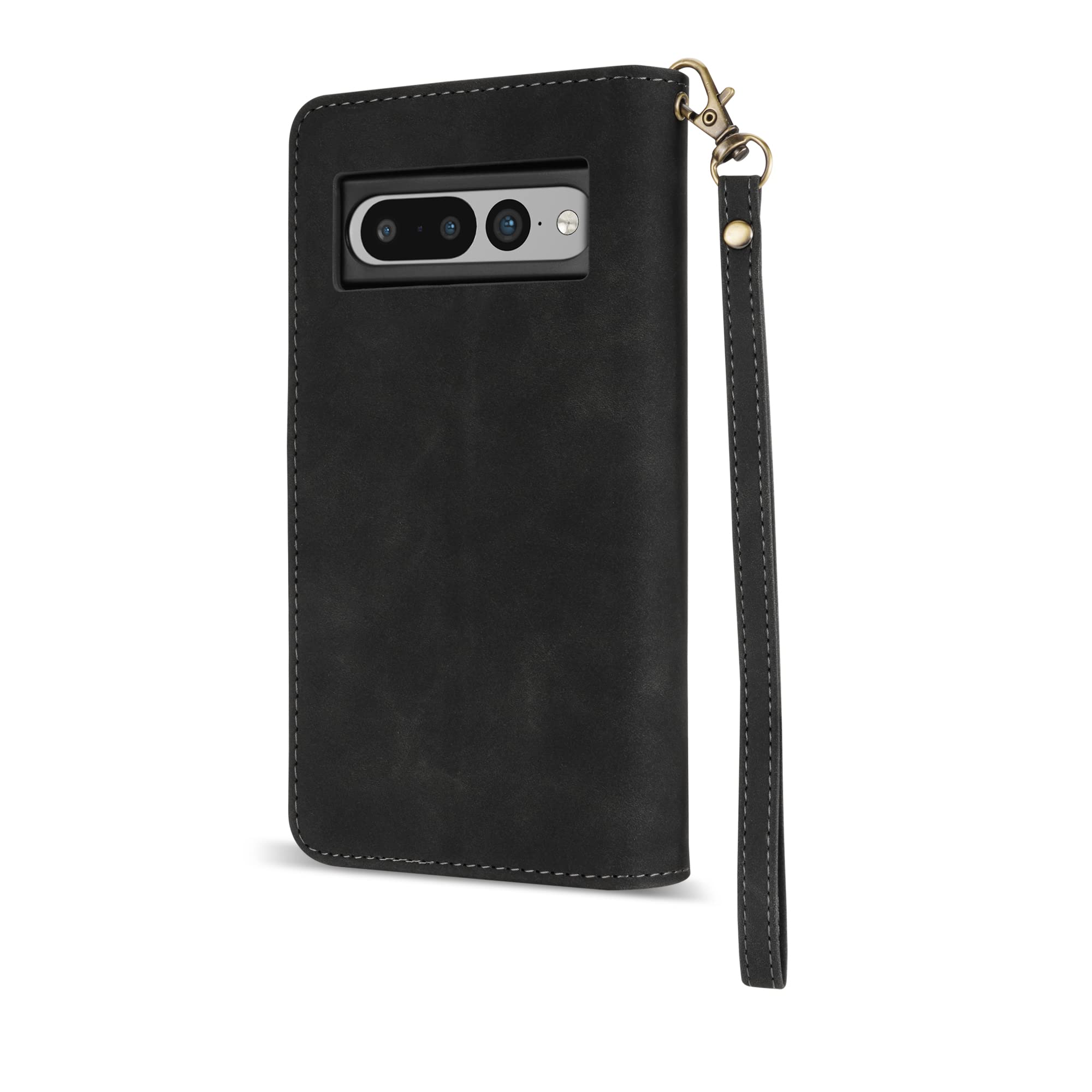 ZZXX for Google Pixel 7 Pro Case Wallet with RFID Blocking Card Slot Premium PU Leather Zipper Flip Folio Wallet with Wrist Strap Kickstand Protective for Google 7 Pro Wallet Case(Black 6.7 Inch)