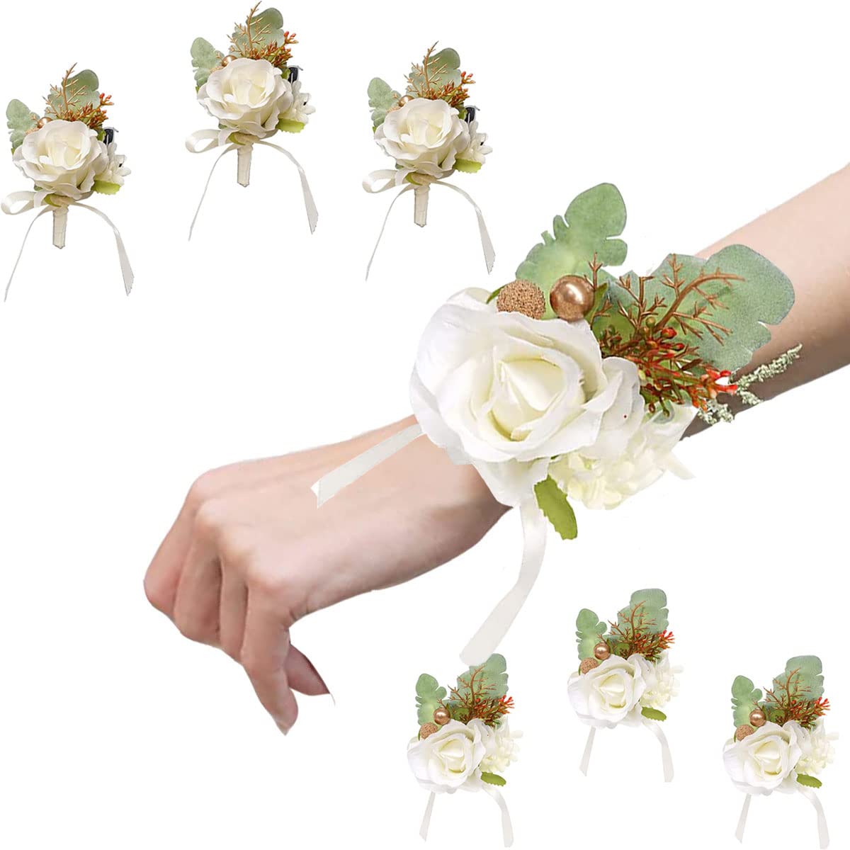 Leariso 6 Pcs Corsage Wristlet Bracelet Set, Corsages for Wedding and Boutonniere for Men Wedding,Flowers Accessories and Prom Suit Decorations (Lvory Rose)