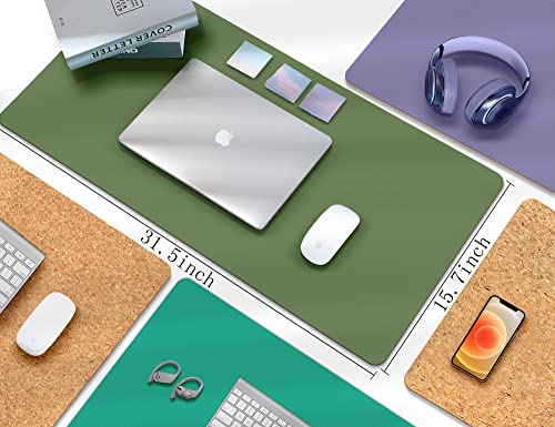 Aothia Office Desk Pad, 31.5" x 15.7" Large Mouse Pads, Cork and PU Leather Dual-Sided Laptop Desk Protector, Writing Pad, Easy to Clean, Waterproof for Office Work/Home/Decor (Deep Green)