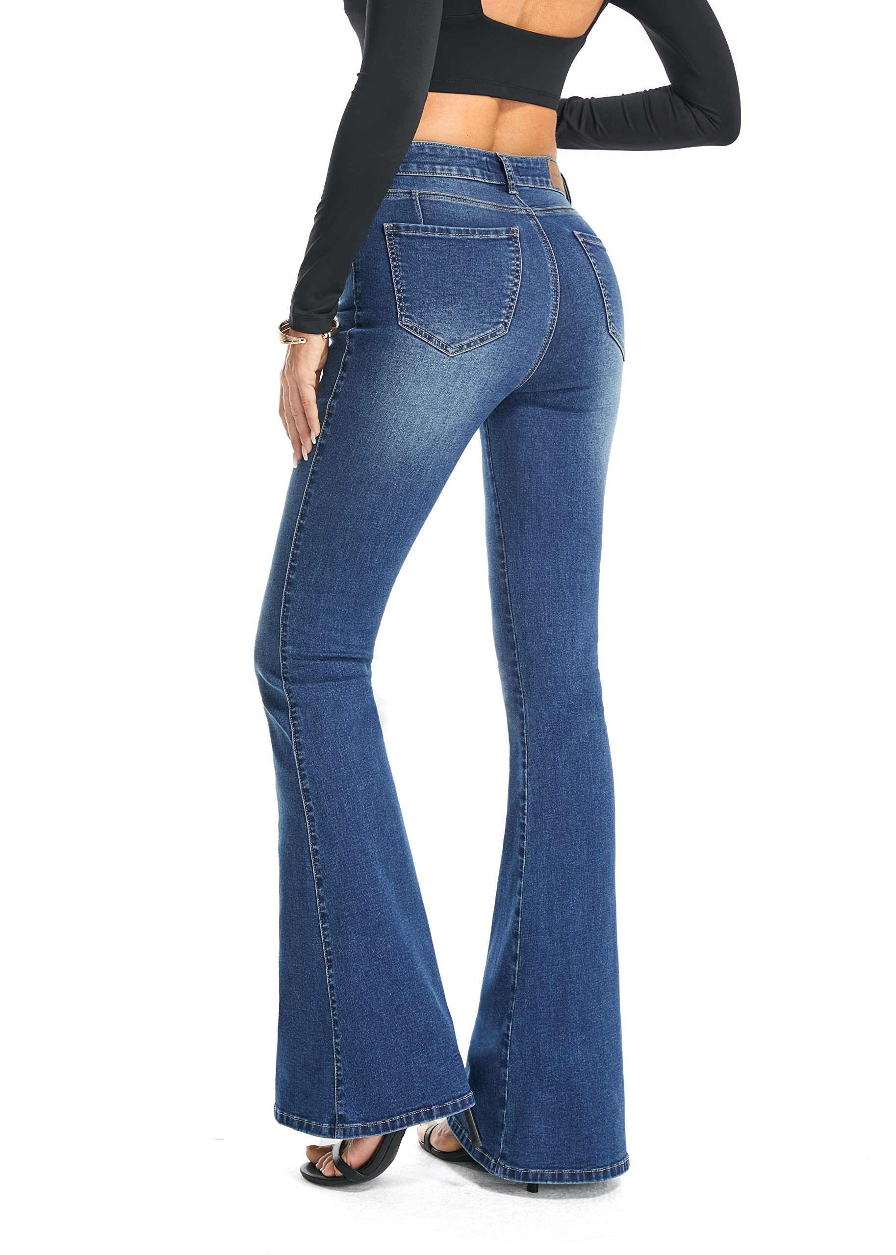 FLYING BANANA Women's Totally Shaping Curvy Stretchy Bootcut Flare Denin Jeans (Blue, 14 Short)