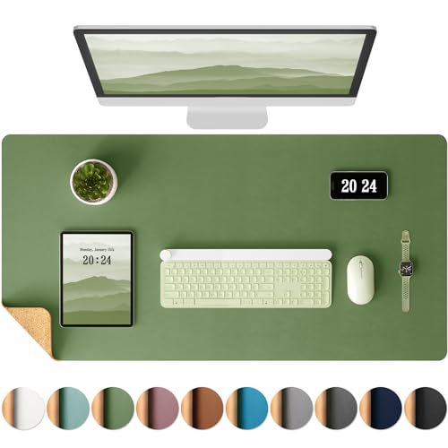 Aothia Office Desk Pad, 31.5" x 15.7" Large Mouse Pads, Cork and PU Leather Dual-Sided Laptop Desk Protector, Writing Pad, Easy to Clean, Waterproof for Office Work/Home/Decor (Deep Green)