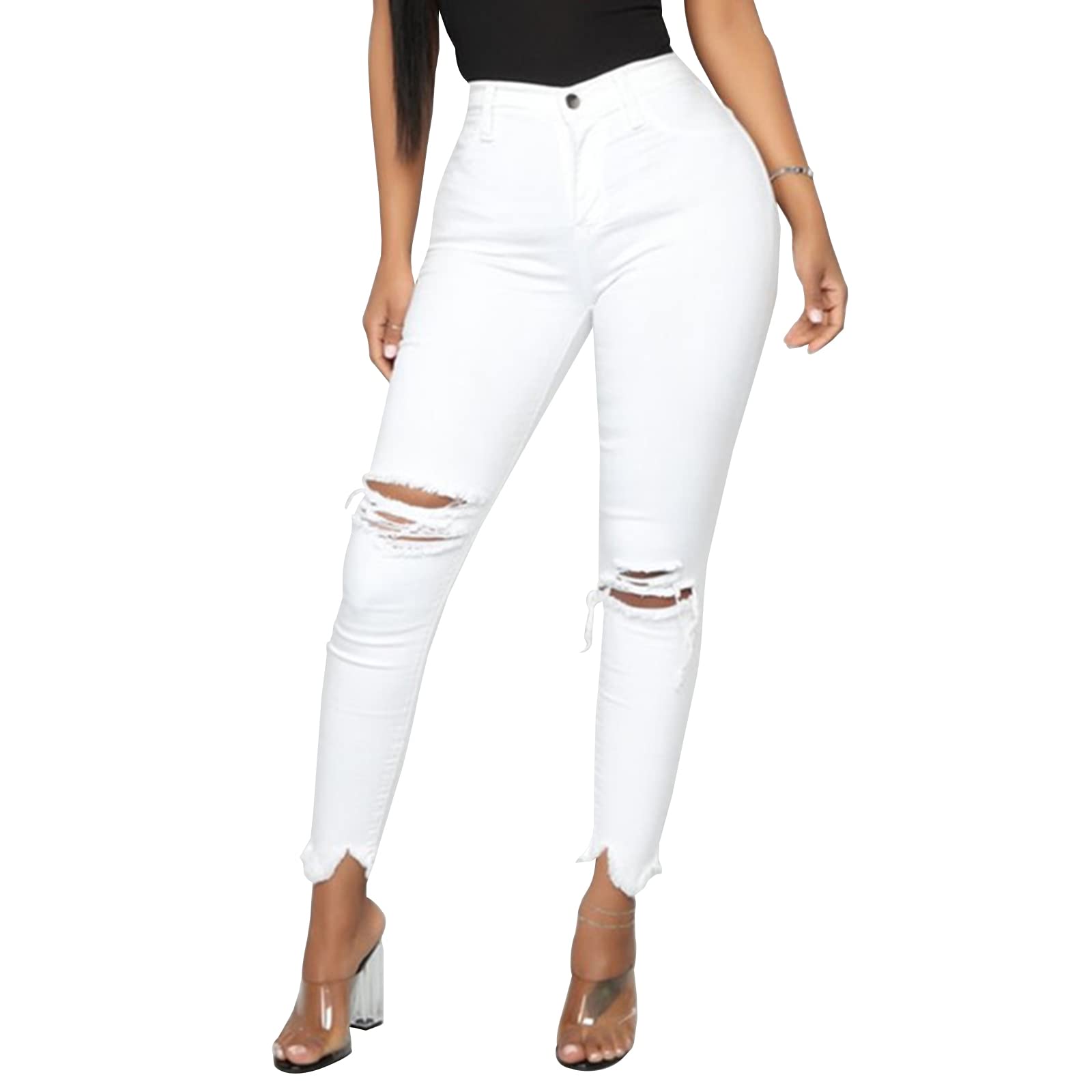 LONGYIDA Women's High Rise Ripped Skinny Jeans Stretch Slim Fit Distressed Destroyed Denim Ankle Pants(White,S)