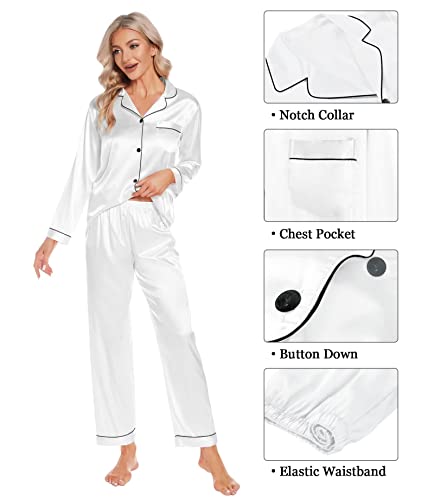 SWOMOG Women's 4pcs Satin Silky Pajama Set Long Sleeve Button Top with Long Pant White