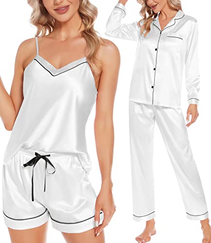 SWOMOG Women's 4pcs Satin Silky Pajama Set Long Sleeve Button Top with Long Pant White