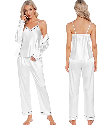 SWOMOG Women's 4pcs Satin Silky Pajama Set Long Sleeve Button Top with Long Pant White