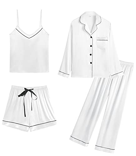 SWOMOG Women's 4pcs Satin Silky Pajama Set Long Sleeve Button Top with Long Pant White