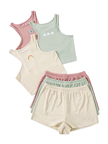 Verdusa Women's 3 Sets Lounge Set Nightwear Graphic Crop Tank Top & Shorts Pink Green Apricot L