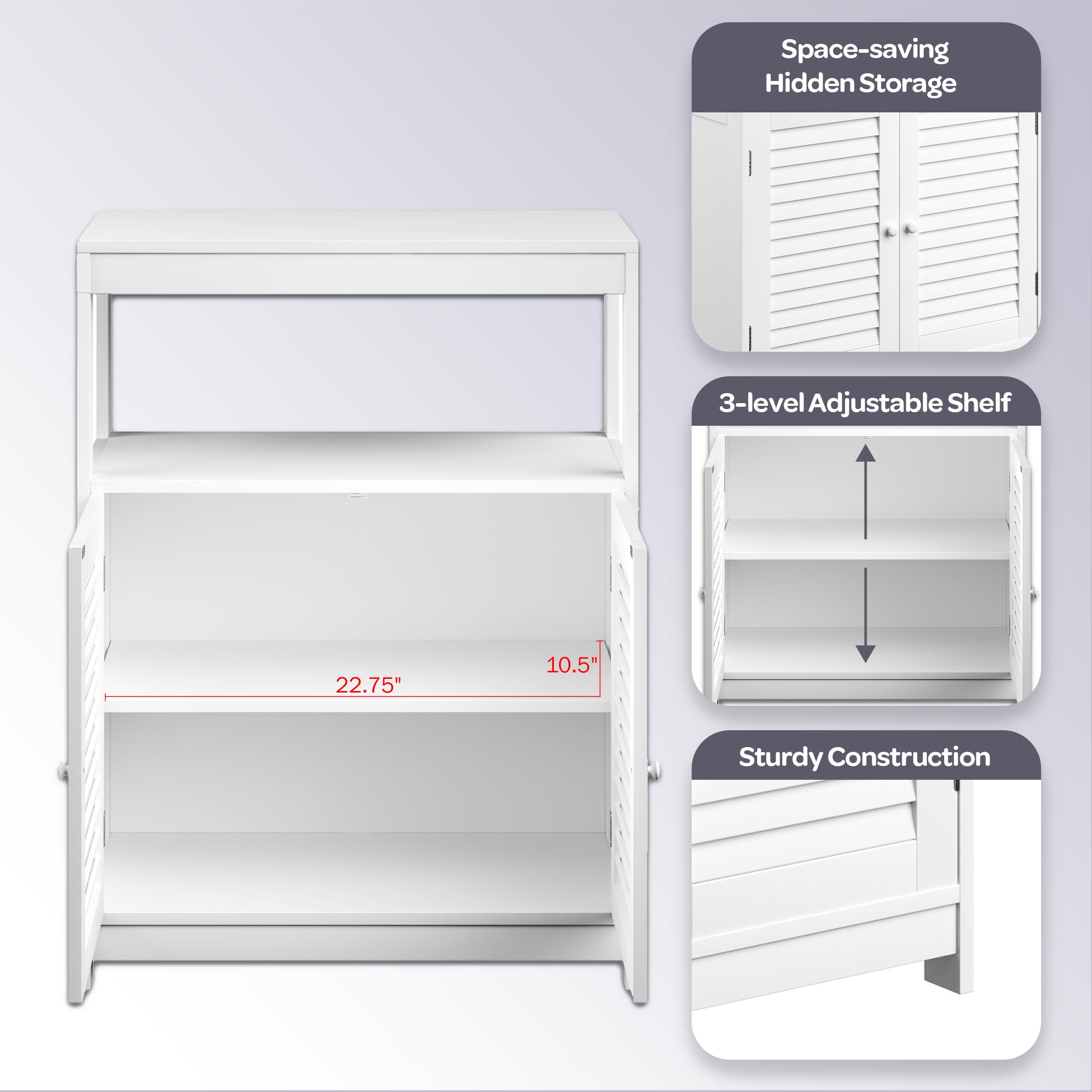 Lavish Home Storage Cabinet with Double Doors - Freestanding Kitchen, Laundry Room, or Restroom Organizer with Cupboard and Open Shelf (White)