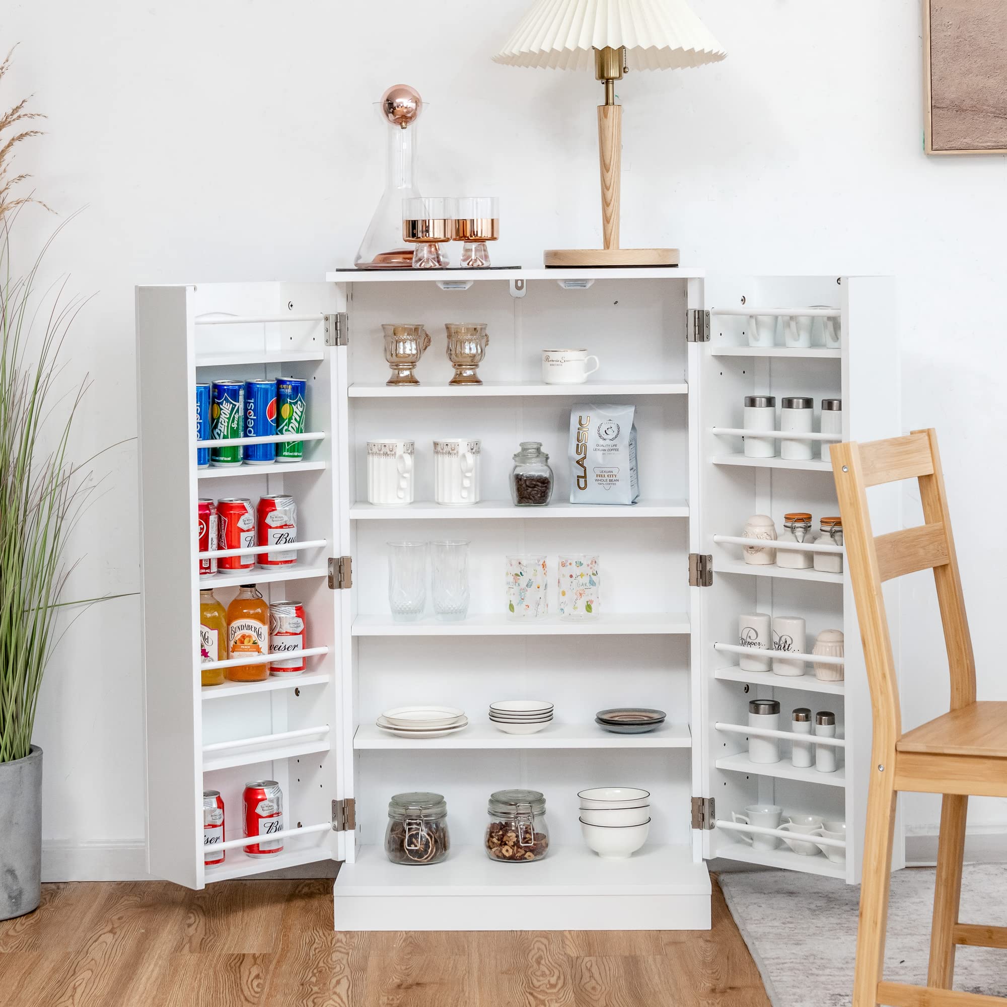 LOKO White Pantry Cabinet, Multifunctional Floor Storage Cabinet with Adjustable Shelves and Anti-toppling Device, Compact Kitchen Cupboard with Double Doors, 23 x 12 x 41 inches