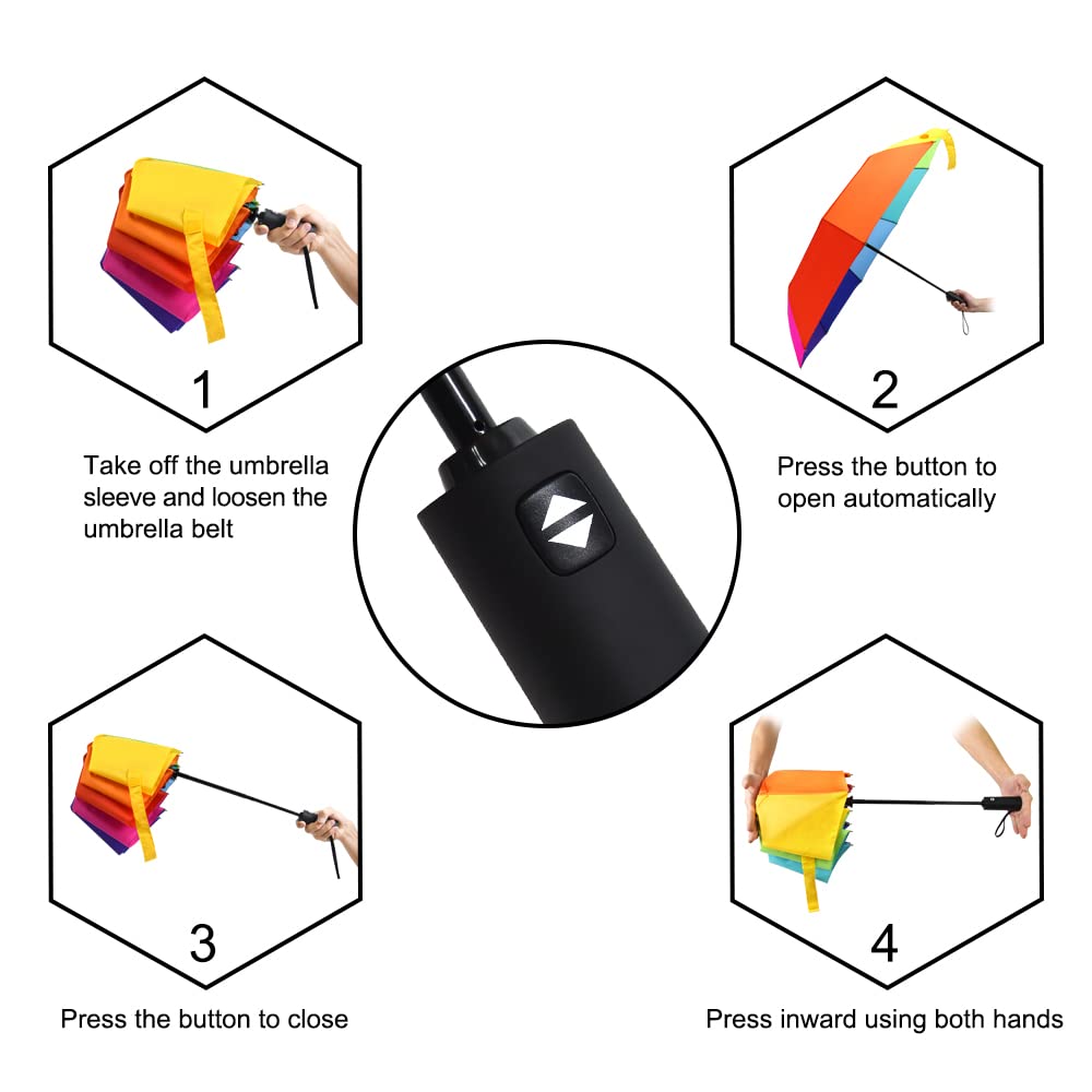LEAGERA Rainbow Umbrella for Adults - Smal Travel Umbrellas for Rain&Sun, Small, Compact, Light, Folding and Portable Rainbow Umbrella For Backpack Umbrella, Automatic Open