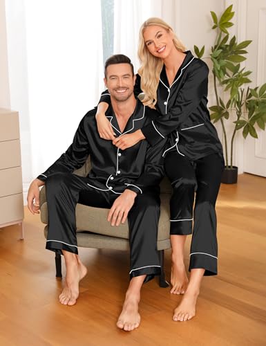 SWOMOG Couple Family Pajamas Matching Sets Women Silk Satin Pjs Set 2 Pcs Long Sleeve Button Down Sleepwear with 2 Pockets, Black Small