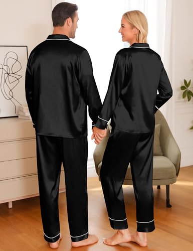 SWOMOG Couple Family Pajamas Matching Sets Women Silk Satin Pjs Set 2 Pcs Long Sleeve Button Down Sleepwear with 2 Pockets, Black Small