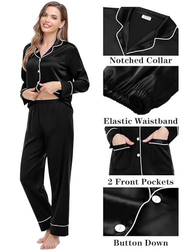 SWOMOG Couple Family Pajamas Matching Sets Women Silk Satin Pjs Set 2 Pcs Long Sleeve Button Down Sleepwear with 2 Pockets, Black Small