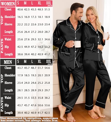 SWOMOG Couple Family Pajamas Matching Sets Women Silk Satin Pjs Set 2 Pcs Long Sleeve Button Down Sleepwear with 2 Pockets, Black Small