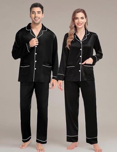 SWOMOG Couple Family Pajamas Matching Sets Women Silk Satin Pjs Set 2 Pcs Long Sleeve Button Down Sleepwear with 2 Pockets, Black Small