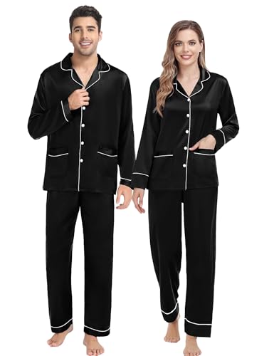 SWOMOG Couple Family Pajamas Matching Sets Women Silk Satin Pjs Set 2 Pcs Long Sleeve Button Down Sleepwear with 2 Pockets, Black Small
