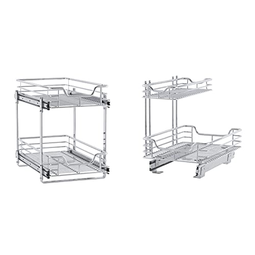 Household Essentials C21221-1 Glidez 2-Tier Sliding Cabinet Organizer, 11.5" Wide, Chrome & C26512-1 Glidez Under Sink Sliding Organizer | Pull Out Cabinet Shelf | Chrome | 12.5 Inches Wide