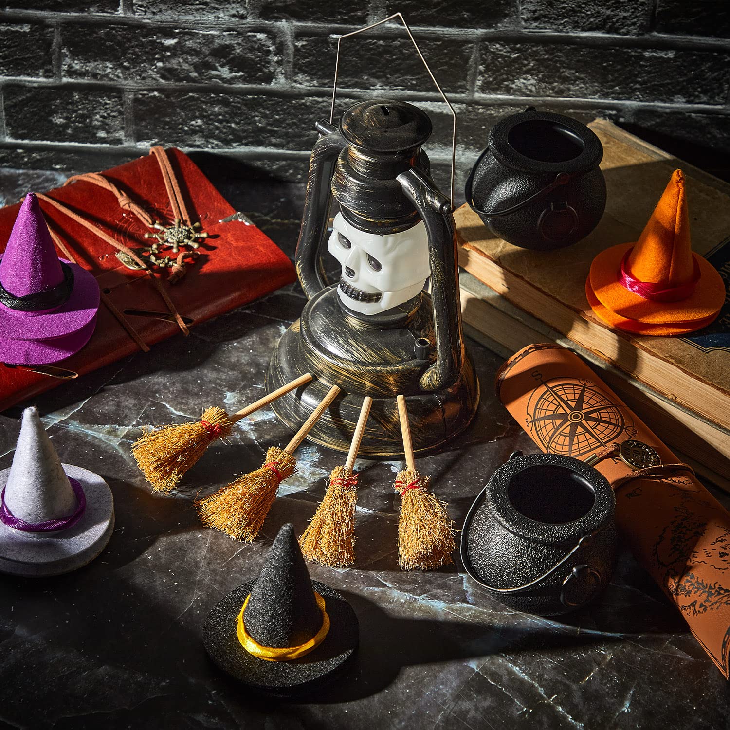24 Pcs Halloween Mini Witch Hats, Mini Broom, Candy Cauldron Kettles, Halloween Decorations Witch Craft Miniatures Wizard Accessory, St Patrick's Day, Wizard Theme Party Decorations