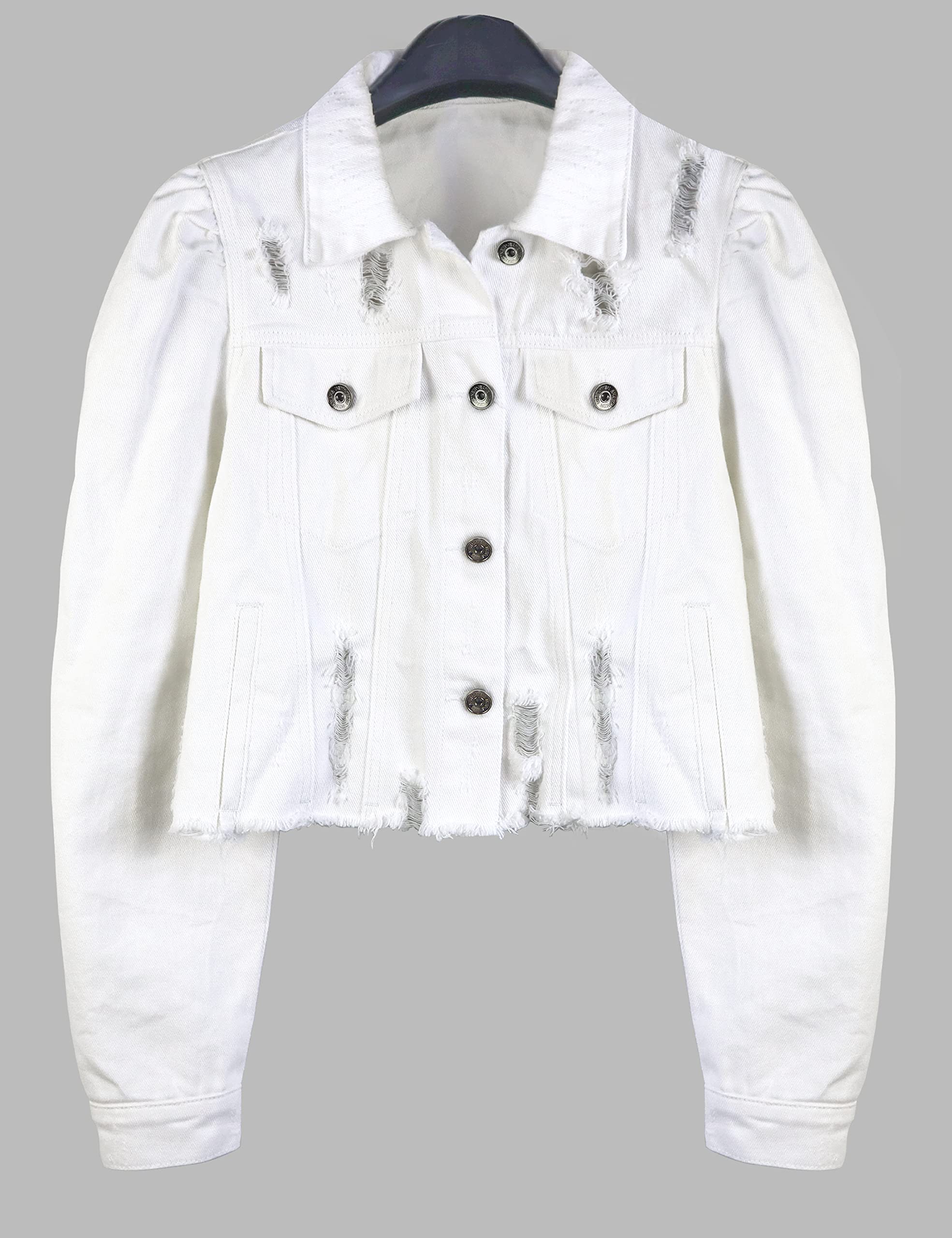 Omoone Women's Ripped Puff Sleeve Denim Crop Top Long-Sleeve Cropped Jean Jacket(1676-White-M)