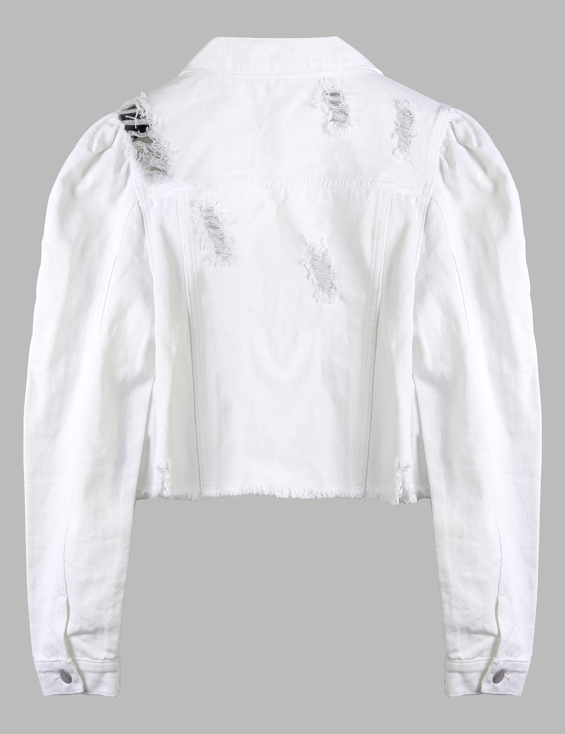 Omoone Women's Ripped Puff Sleeve Denim Crop Top Long-Sleeve Cropped Jean Jacket(1676-White-M)