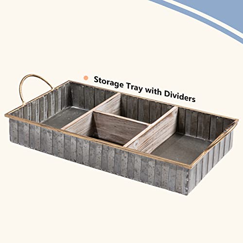 HOMPUS Galvanized Metal Storage Tray with Dividers Rustal Farmhouse Desk Organizer with Handle, Decorative Silverware Drawer Caddy with 4 Compartmentsfor Home, Kitchen, Living Room or Office