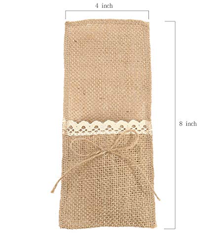 Topmodehome Burlap Cutlery Holders Lace Utensil Pouch Knifes Forks Bag for Vintage Natural Wedding (4x8inch, Rope Bow)