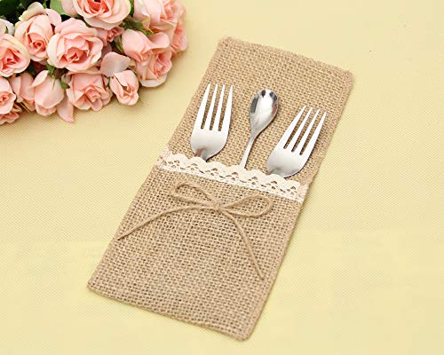 Topmodehome Burlap Cutlery Holders Lace Utensil Pouch Knifes Forks Bag for Vintage Natural Wedding (4x8inch, Rope Bow)