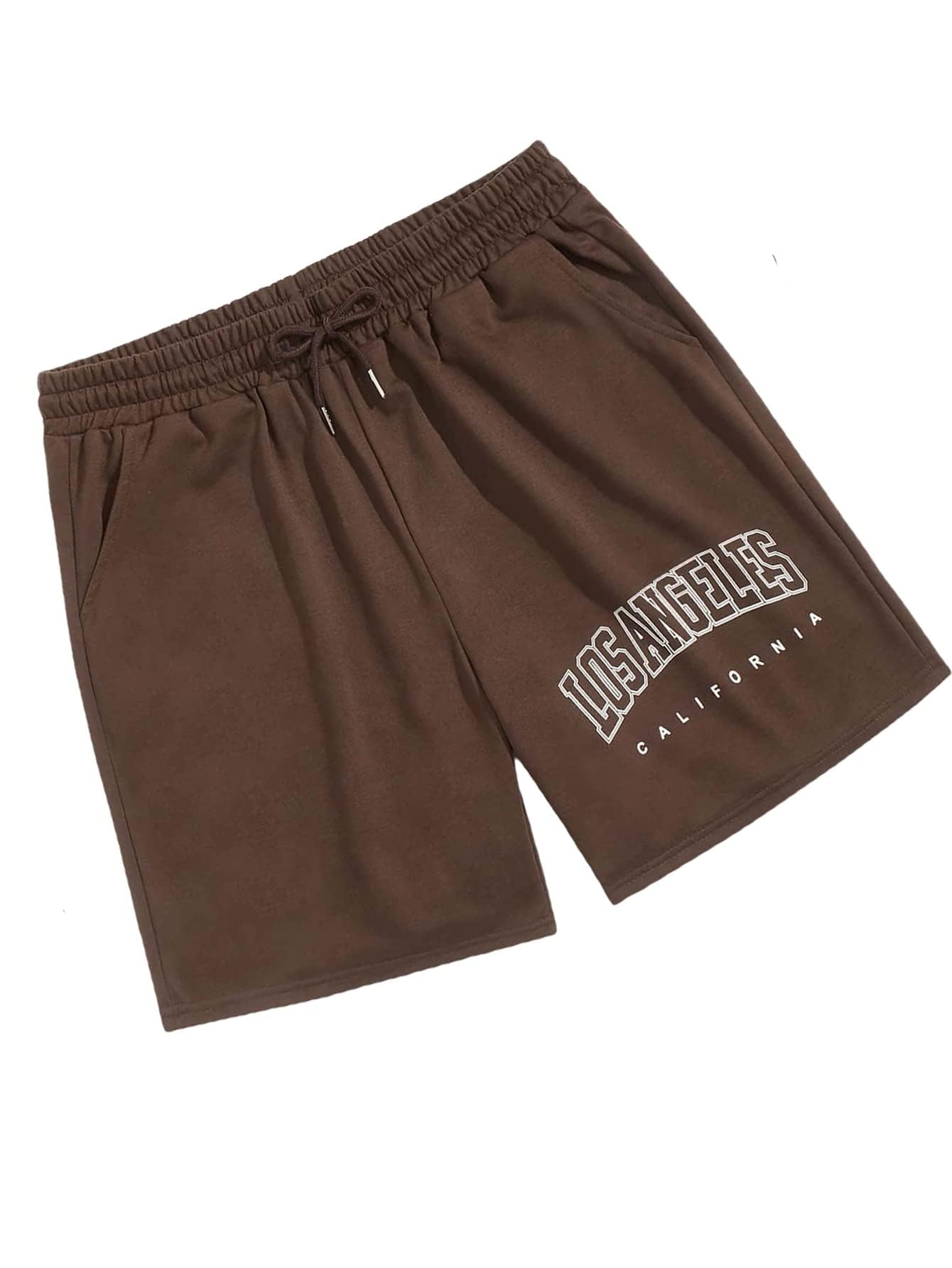 SheIn Men's Casual Drawstring Workout Running Lounge Shorts Letter Print Elastic Waist Track Shorts Coffee Brown L